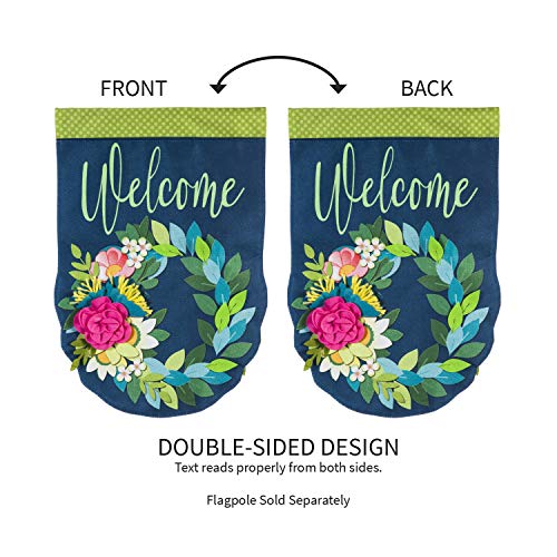 Evergreen Welcome Spring Floral Wreath House Size Flag | Double Sided & 3D Applique Stitching Burlap | Blue Green Pink | 44-in x 28-in | Outdoor Home Décor Lawn Yard Patio Deck Porch