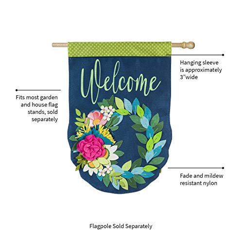 Evergreen Welcome Spring Floral Wreath House Size Flag | Double Sided & 3D Applique Stitching Burlap | Blue Green Pink | 44-in x 28-in | Outdoor Home Décor Lawn Yard Patio Deck Porch