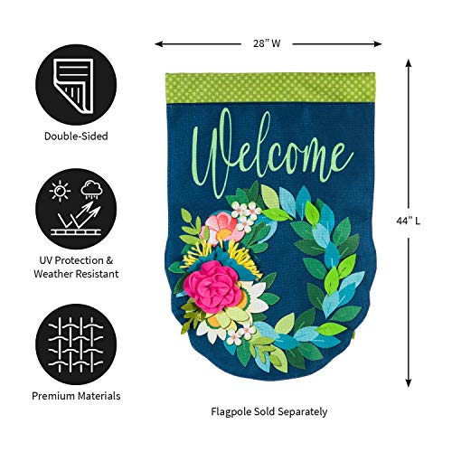 Evergreen Welcome Spring Floral Wreath House Size Flag | Double Sided & 3D Applique Stitching Burlap | Blue Green Pink | 44-in x 28-in | Outdoor Home Décor Lawn Yard Patio Deck Porch