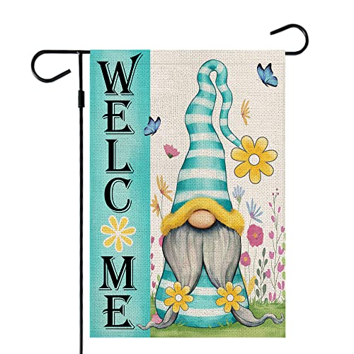 CROWNED BEAUTY Spring Garden Flag Gnome Floral Welcome 12×18 Inch Double Sided Outside Vertical Holiday Yard Flag