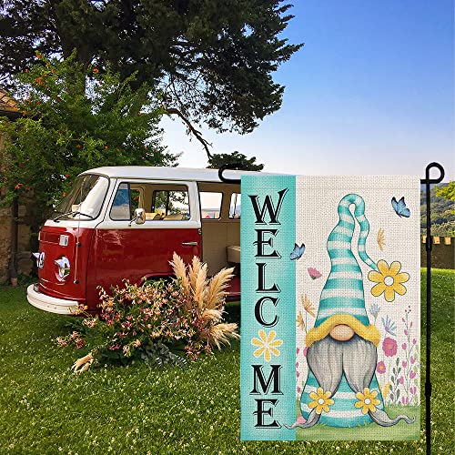 CROWNED BEAUTY Spring Garden Flag Gnome Floral Welcome 12×18 Inch Double Sided Outside Vertical Holiday Yard Flag