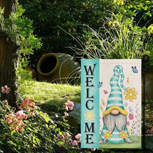 CROWNED BEAUTY Spring Garden Flag Gnome Floral Welcome 12×18 Inch Double Sided Outside Vertical Holiday Yard Flag