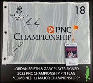 jordan spieth & gary player autographed pnc championship pin flag jsa coa – autographed golf pin flags