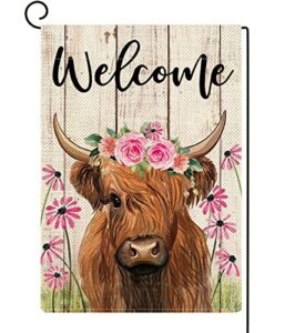 ortigia welcome spring highland cow garden flag burlap double sided vertical 12×18 inch farmhouse floral cow yard decor spring summer daisy flowers porch flag rustic seasonal outdoor flag