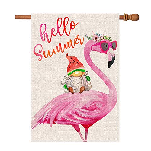 pinata Flamingo Summer Garden Flag 28 X 40 Double Sided, Large Gnome Summer House Flag, Burlap Outside Lawn Seasonal Yard Welcome Flag, Hello Summer Banner Sign, Cute Watermelon Beach Porch Pink Decor