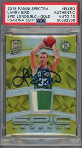 larry bird autographed 2018 panini spectra gold jersey card psa auto 10 3/10