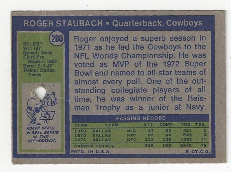 Roger Staubach Rookie Card Collectible Football Card -1972 Topps Football Card #200 (Cowboys) See Photos Closely for Condition Card is Hole Punched & Free Shipping