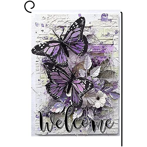 Welcome Garden Flag Spring,Summer Garden Flags for Outside 12x18 Double Sided Vertical Burlap,Farmhouse Home Flower Butterfly Small Garden Flags Yard Decor