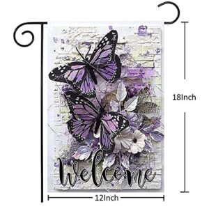 Welcome Garden Flag Spring,Summer Garden Flags for Outside 12x18 Double Sided Vertical Burlap,Farmhouse Home Flower Butterfly Small Garden Flags Yard Decor