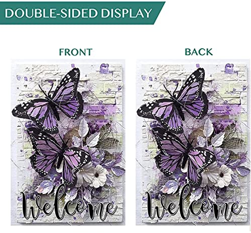 Welcome Garden Flag Spring,Summer Garden Flags for Outside 12x18 Double Sided Vertical Burlap,Farmhouse Home Flower Butterfly Small Garden Flags Yard Decor