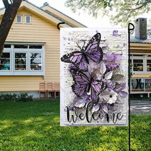 Welcome Garden Flag Spring,Summer Garden Flags for Outside 12x18 Double Sided Vertical Burlap,Farmhouse Home Flower Butterfly Small Garden Flags Yard Decor