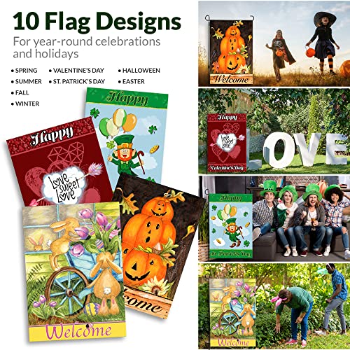 Seasonal Garden Flags Set of 10 12x18 Inch Double Sided Yard Flag Pack with Anti-Wind Clip and Stopper Outdoor Decorative Holiday Flags Small Spring Welcome Easter Banners for Outside