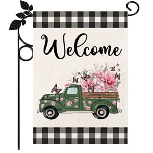 spring garden flags, buffalo floral welcome spring truck garden flag,12×18 small vertical double sided small yard flag, seasonal outdoor flag outside decor for home yard farmhouse