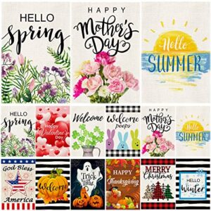 qwetry burlap seasonal garden flags set of 12 double sided 12×18 inch yard flags, welcome summer spring mother’s day flags for outside, small july 4th holidays flag for outdoor décor decorations