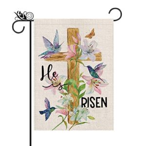 easter garden flag religious cross christian he is risen flower 12.5 x 18 inch burlap double sided vertical holiday seasonal spring farmhouse yard outdoor decorations