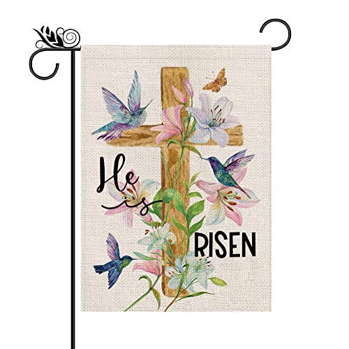 Easter Garden Flag Religious Cross Christian He is Risen Flower 12.5 x 18 Inch Burlap Double Sided Vertical Holiday Seasonal Spring Farmhouse Yard Outdoor Decorations