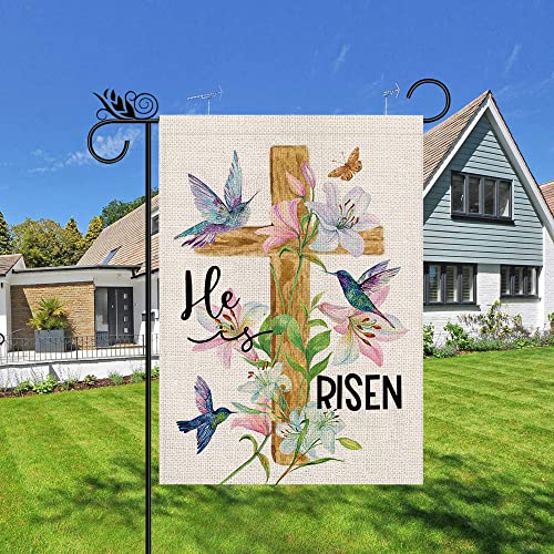 Easter Garden Flag Religious Cross Christian He is Risen Flower 12.5 x 18 Inch Burlap Double Sided Vertical Holiday Seasonal Spring Farmhouse Yard Outdoor Decorations