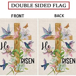 Easter Garden Flag Religious Cross Christian He is Risen Flower 12.5 x 18 Inch Burlap Double Sided Vertical Holiday Seasonal Spring Farmhouse Yard Outdoor Decorations