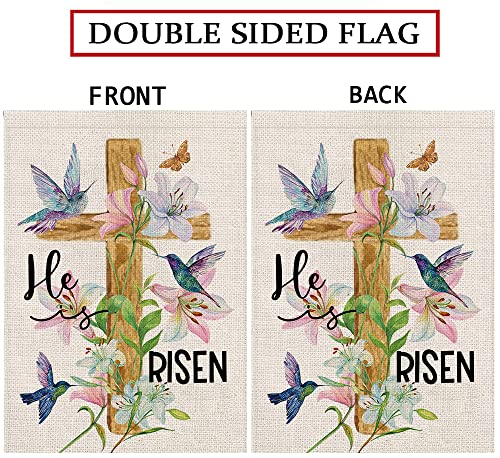 Easter Garden Flag Religious Cross Christian He is Risen Flower 12.5 x 18 Inch Burlap Double Sided Vertical Holiday Seasonal Spring Farmhouse Yard Outdoor Decorations