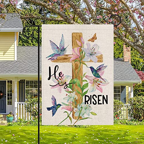 Easter Garden Flag Religious Cross Christian He is Risen Flower 12.5 x 18 Inch Burlap Double Sided Vertical Holiday Seasonal Spring Farmhouse Yard Outdoor Decorations