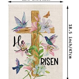 Easter Garden Flag Religious Cross Christian He is Risen Flower 12.5 x 18 Inch Burlap Double Sided Vertical Holiday Seasonal Spring Farmhouse Yard Outdoor Decorations