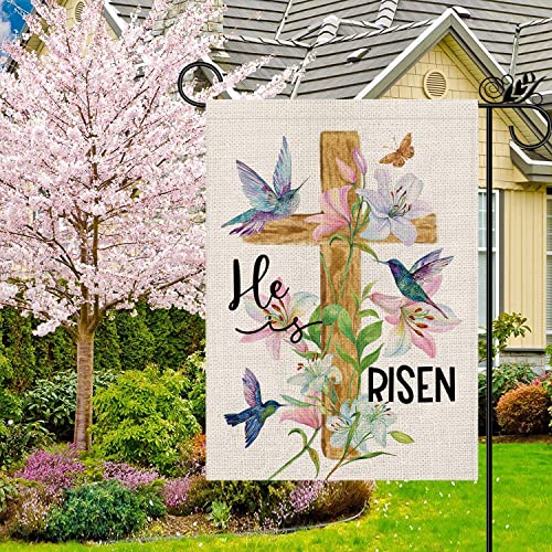 Easter Garden Flag Religious Cross Christian He is Risen Flower 12.5 x 18 Inch Burlap Double Sided Vertical Holiday Seasonal Spring Farmhouse Yard Outdoor Decorations