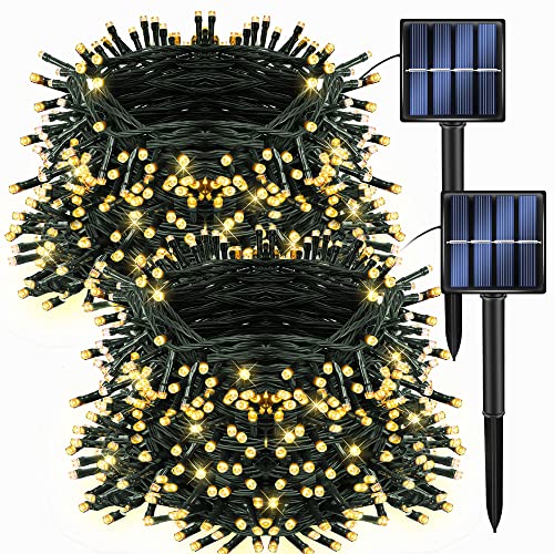 Dazzle Bright 2 Pack 200 LED 66 FT Warm White Christmas Solar String Outdoor Lights, Solar Powered with 8 Modes Waterproof Fairy Lights for Bedroom Patio Garden Tree Party Yard Decoration