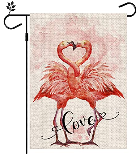 Valentines Day Garden Flag 12×18 Inch Double Sided for Flamingo Yard Flag, Valentines Anniversary Rustic Seasonal Holiday Outside Decoration