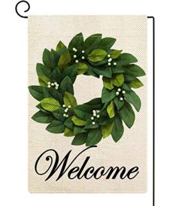 baccessor spring summer welcome wreath garden flag magnolia leaves small yard flag vertical double sided burlap farmhouse seasonal for lawn outdoor outside decoration 12 x 18 inch