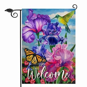 hzppyz welcome spring hummingbird iris garden flag double sided, purple flower bird yellow butterfly decorative house yard outdoor small decor, summer floral arrangement home outside decoration 12×18