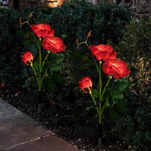 anordsem solar outdoor lights – 2 pack garden decor lights waterproof solar garden lights red rose light for garden, patio, yard, flowerbed,pathway decor