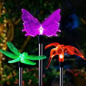 solar garden lights outdoor color changing solar lights outdoor garden decorative solar lights butterfly, hummingbird, dragonfly solar lights outdoor waterproof for patio lawn halloween decor 3 pack