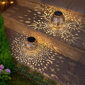 2pack solar garden lanterns outdoor hanging lights decorative metal moon star sun solar lanterns for patio, yard, table, pathway decoration waterproof (bronze)