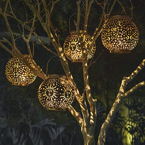 2Pack Solar Garden Lanterns Outdoor Hanging Lights Decorative Metal Moon Star Sun Solar Lanterns for Patio, Yard, Table, Pathway Decoration Waterproof (Bronze)