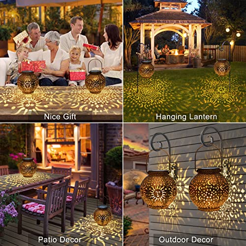 2Pack Solar Garden Lanterns Outdoor Hanging Lights Decorative Metal Moon Star Sun Solar Lanterns for Patio, Yard, Table, Pathway Decoration Waterproof (Bronze)