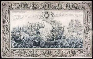 [plate illustrating the defeat of the spanish armada by the english fleet under the command of lord howard of effingham in 1588]