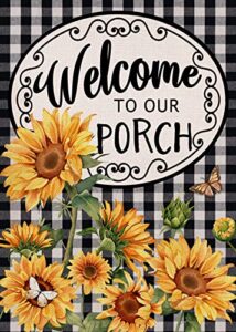 covido home decorative welcome to our porch spring sunflower garden flag, summer black white buffalo plaid check yard outside decoration, autumn farmhouse outdoor small decor 12 x 18