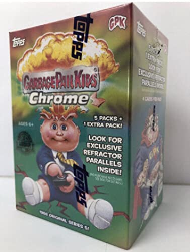 2022 Topps GPK Garbage Pail Kids Chrome Series 5 Factory Sealed Blaster Box with 3 Exclusive Atomic Refractors 6 packs per box. CHROME VERSION OFTHE 1986 RELEASE 4 cards per pack. 24 Cards in all.