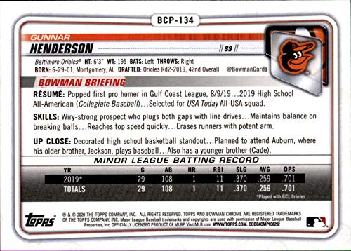 2020 Bowman Chrome Prospects #BCP-134 Gunnar Henderson Baltimore Orioles Baseball NM-MT