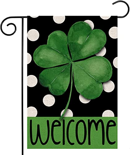 Welcome St Patricks Day Garden Flag 12x18 Double Sided Lucky Shamrock Small Burlap Saint Patricks Yard Outdoor Decor (Pack of 2)