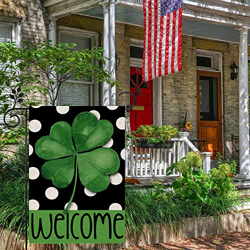 Welcome St Patricks Day Garden Flag 12x18 Double Sided Lucky Shamrock Small Burlap Saint Patricks Yard Outdoor Decor (Pack of 2)