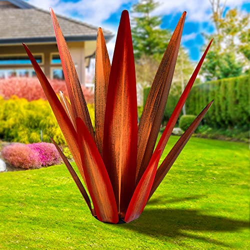 KODIBO Large Tequila Rustic Sculpture, Rustic Metal Agave Plants for Outdoor Patio Yard, Home Decor Hand Painted Metal Agave Garden Yard Statue, Outdoor Lawn Ornaments Yard Stakes (Red - L)