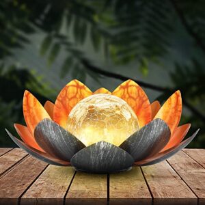 qzhp outdoor solar lights, garden decor, crackle glass globe, waterproof metal lotus flower light for patio, lawn, walkway, tabletop, ground