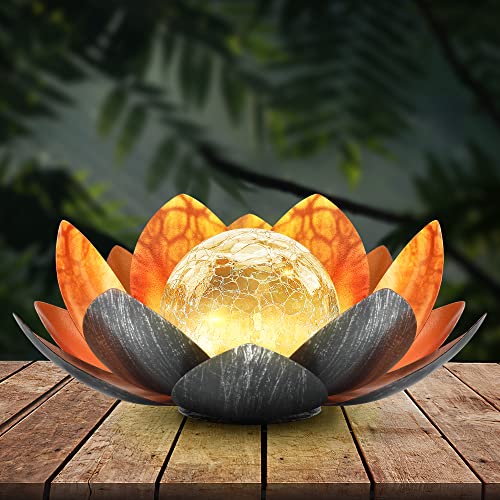 QZHP Outdoor Solar Lights, Garden Decor, Crackle Glass Globe, Waterproof Metal Lotus Flower Light for Patio, Lawn, Walkway, Tabletop, Ground