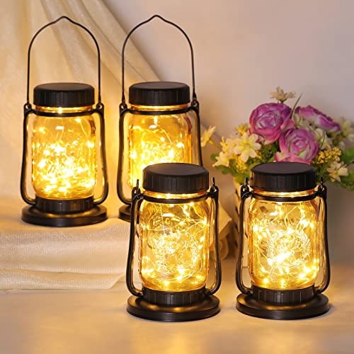 NEEMO Solar Mason Jar Fairy Lights, 4 Pack Solar Lanterns Outdoor Waterproof Glass Lamp, Vintage Jar Starry Fairy Light with Angel Pattern for Patio, Garden, Party, Holiday [Warm White]