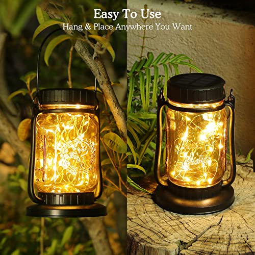 NEEMO Solar Mason Jar Fairy Lights, 4 Pack Solar Lanterns Outdoor Waterproof Glass Lamp, Vintage Jar Starry Fairy Light with Angel Pattern for Patio, Garden, Party, Holiday [Warm White]