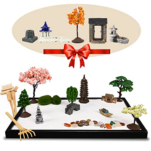 14" x 10" Large Japanese Zen Garden for Desk - Zen Garden Kit with 25+ Accessories - Sand Garden Decoration Included Sand Tray,Zen Garden Rake, Trees,Incense Burner,Door,Well,Bridge Zen Gifts Women