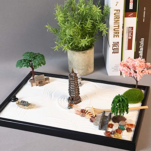 14" x 10" Large Japanese Zen Garden for Desk - Zen Garden Kit with 25+ Accessories - Sand Garden Decoration Included Sand Tray,Zen Garden Rake, Trees,Incense Burner,Door,Well,Bridge Zen Gifts Women