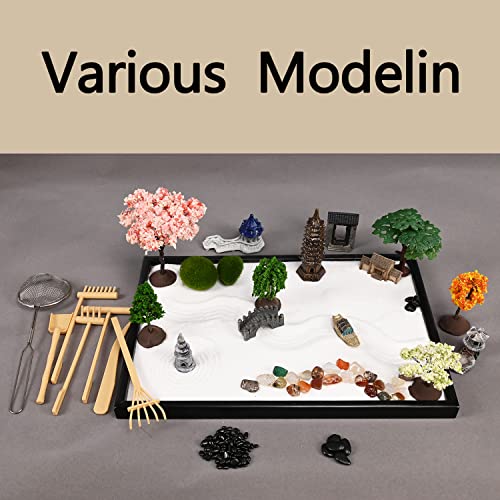 14" x 10" Large Japanese Zen Garden for Desk - Zen Garden Kit with 25+ Accessories - Sand Garden Decoration Included Sand Tray,Zen Garden Rake, Trees,Incense Burner,Door,Well,Bridge Zen Gifts Women