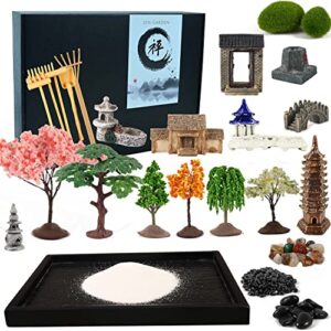 14" x 10" Large Japanese Zen Garden for Desk - Zen Garden Kit with 25+ Accessories - Sand Garden Decoration Included Sand Tray,Zen Garden Rake, Trees,Incense Burner,Door,Well,Bridge Zen Gifts Women